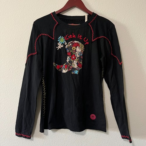 Double D Ranch Black Long Sleeve Embroidered Cowboy Boot Kick It Up Top ...