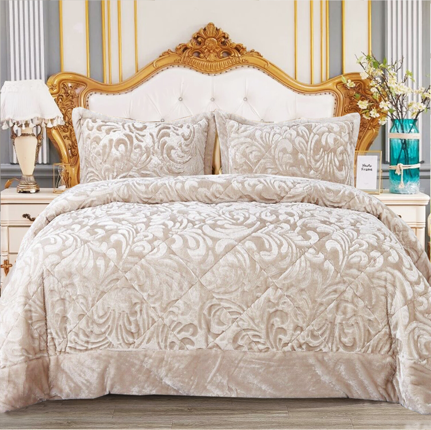3 Piece Quilted Bedspread Throw Luxury Velvet Bedding Set Double King ...