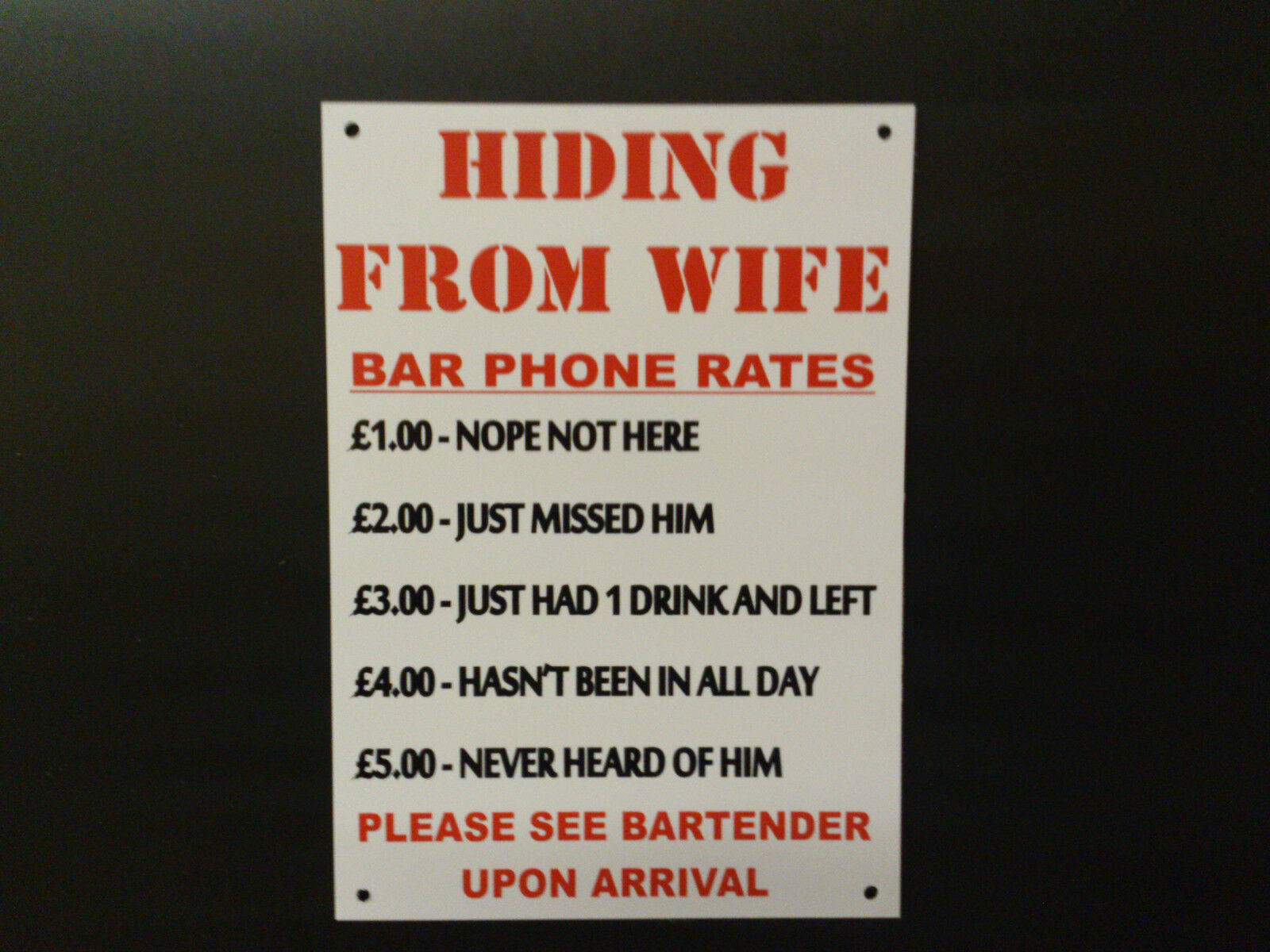 FUNNY SIGN HIDING FROM WIFE, WINE BAR, PUB, SOCIAL CLUB PLASTIC ...