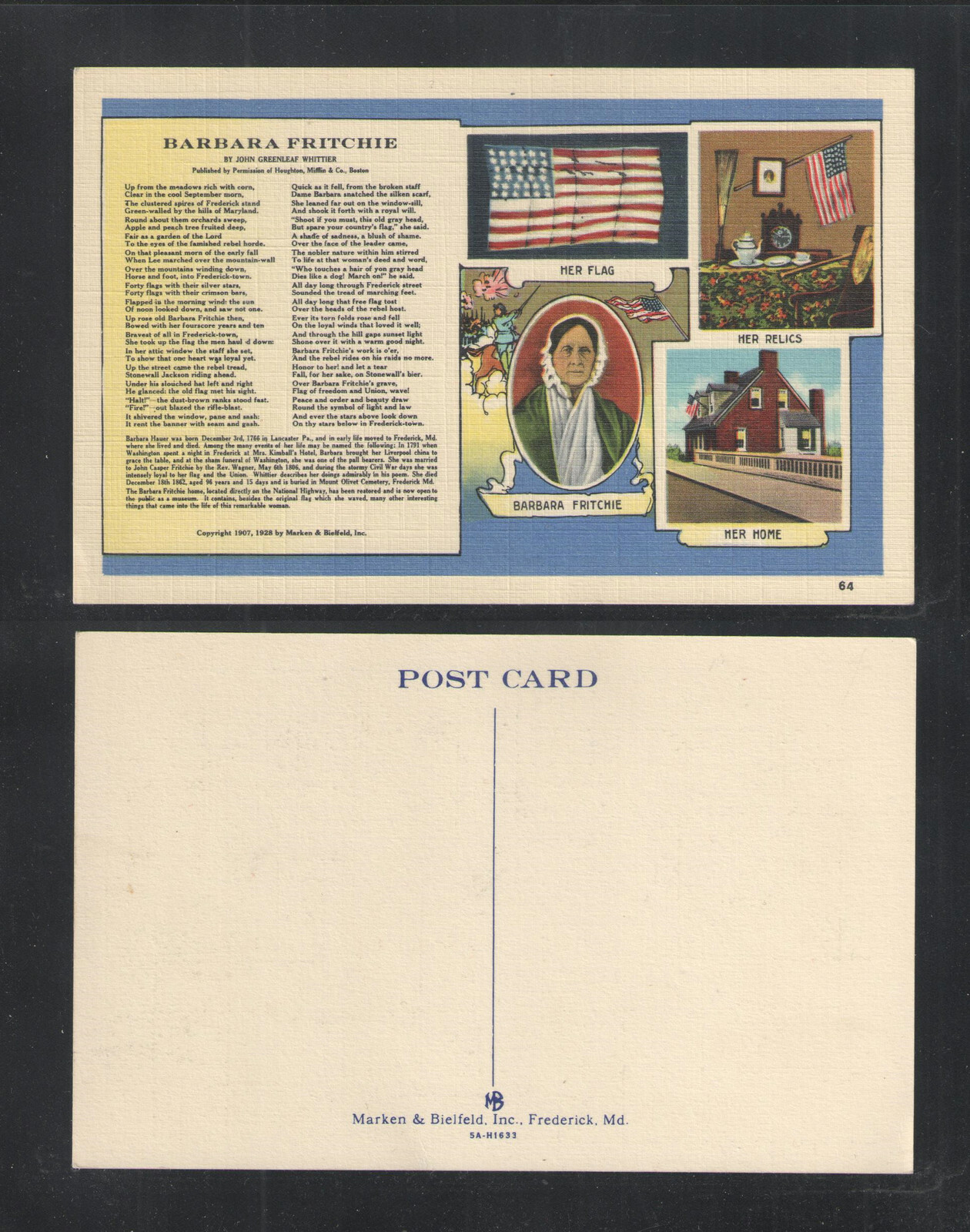 1940s BARBARA FRITCHIE HER HOME HER FLAG HER RELICS FREDERICK MD LINEN ...