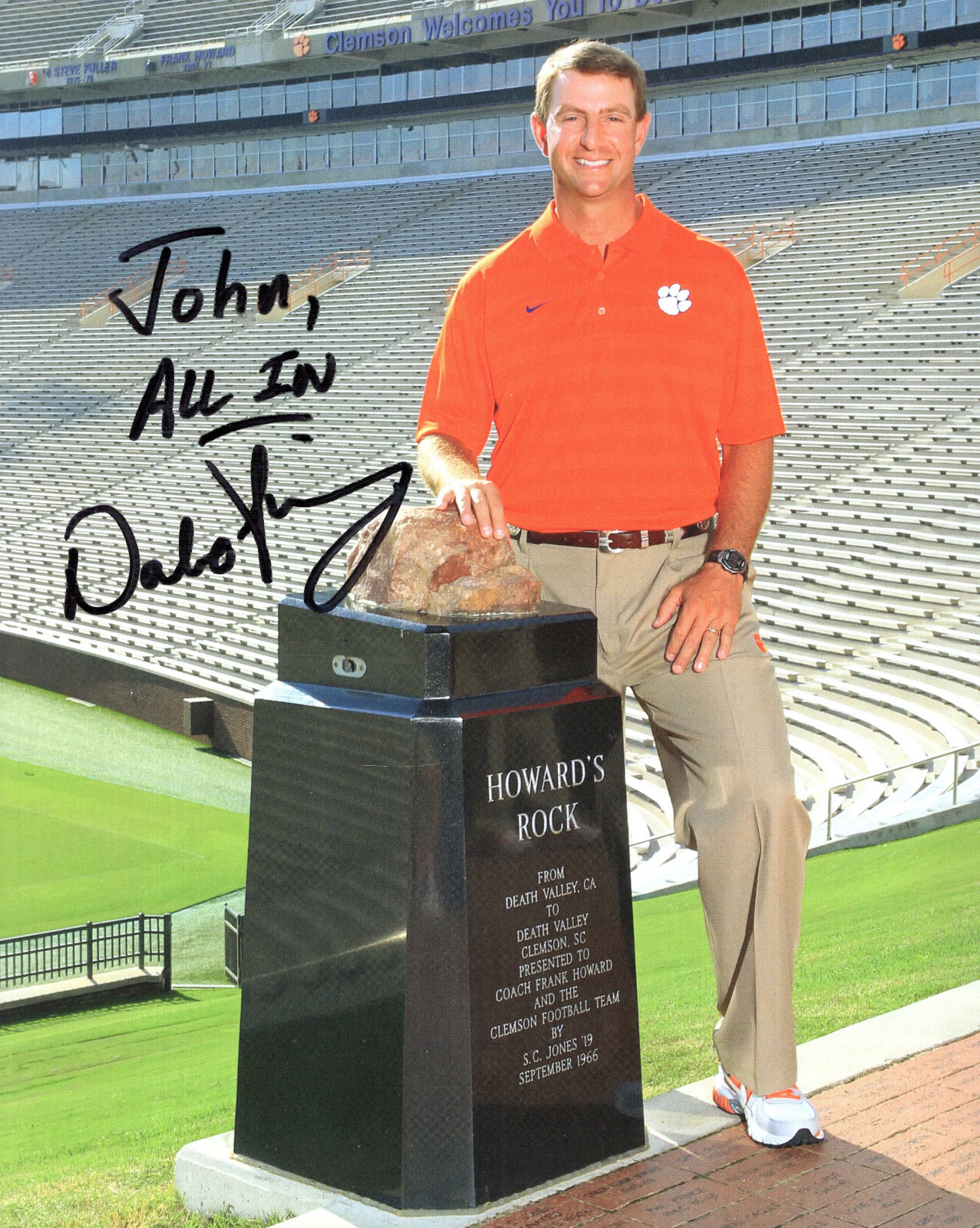 DABO SWINNEY HAND SIGNED 8x10 COLOR PHOTO+COA CLEMSON FOOTBALL TO JOHN ...