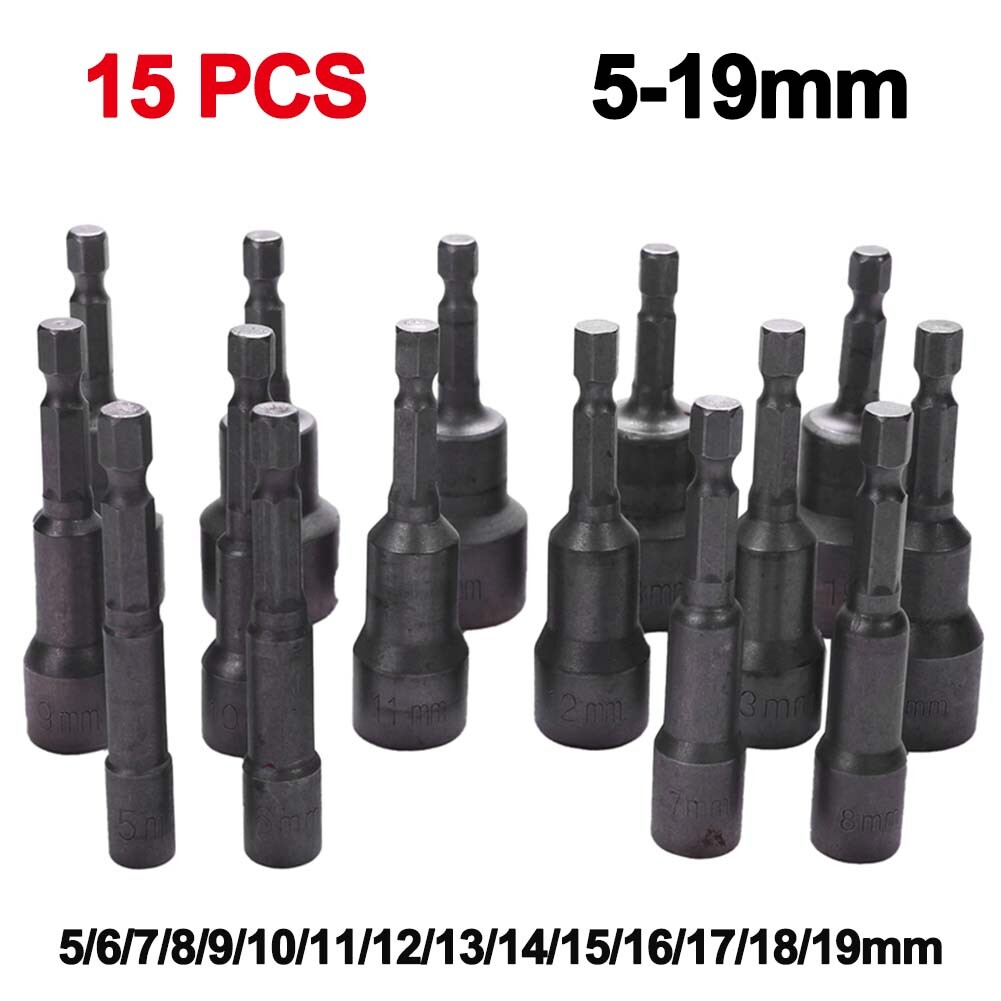 10/15PCS 1/4" 5-19mm Hex Magnetic Nut Driver Socket Set Metric Impact ...