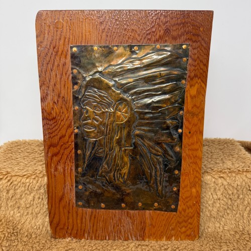 VTG Brass Copper Metal Native American Chief Head Wooden Mount Folk Art ...