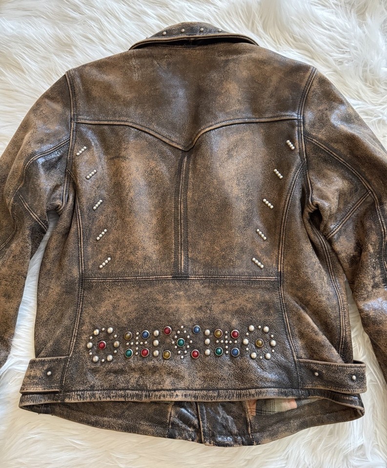 RRL Double RL Ralph Lauren New Studded Leather Moto Jacket Brown Size 4 ...