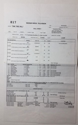 ONE TREE HILL set used CALL SHEET ~ Season 8, Episode 17 | eBay