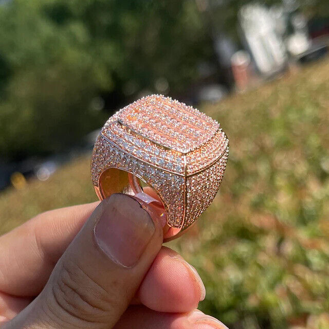 Simulated Diamond Square Pinky Ring 3CT Copper Plated Large Hip Hop ...