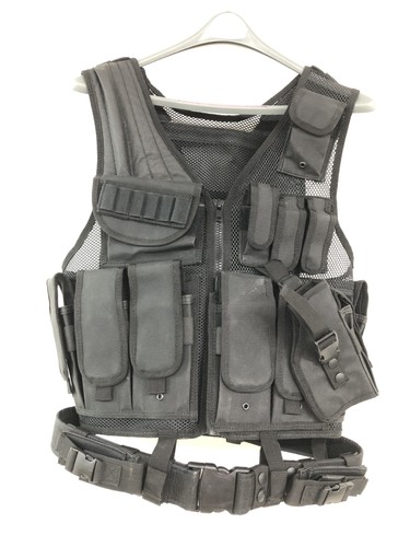 Black Mesh Modular Tactical Hunting Vest with Holster, Tac Belt ...