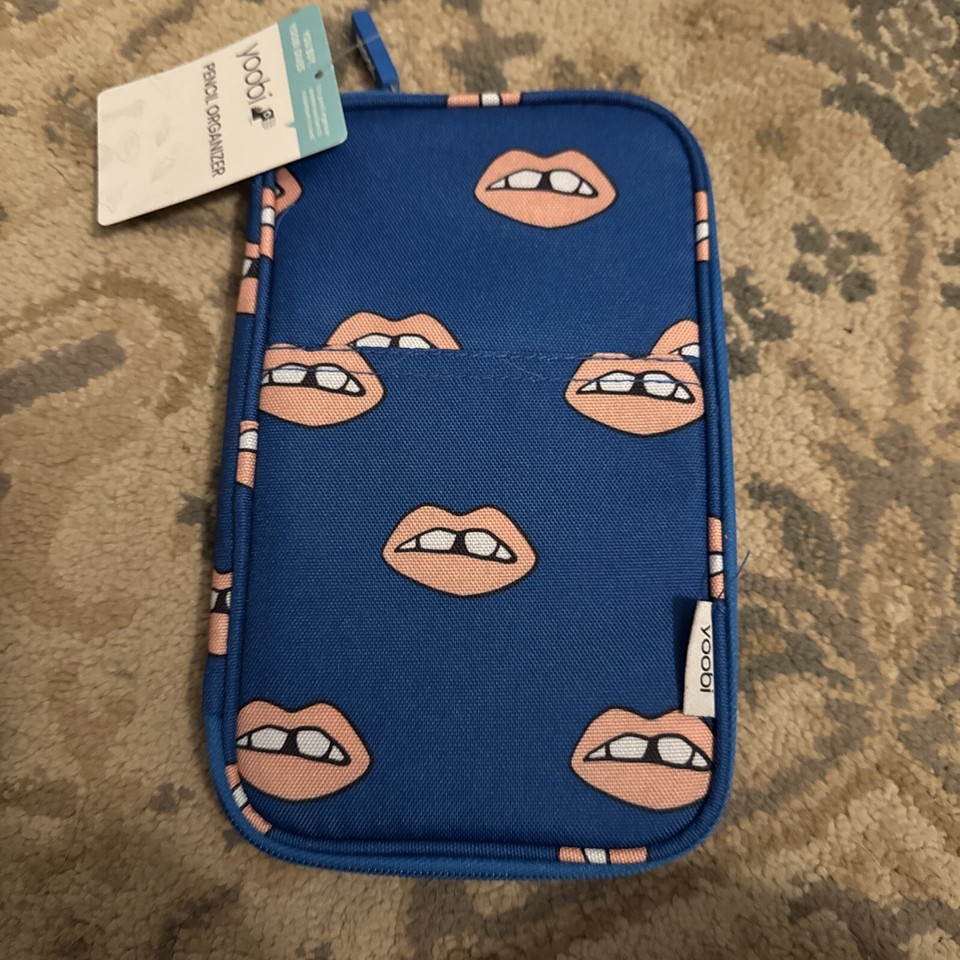 Yoobi Pencil Organizer Case Blue Pink Lips New Zippered Pockets | eBay