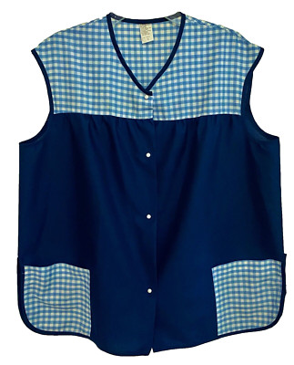 Vintage Blue Gingham Apron Smock Pockets Pearl Snaps XL Made in USA | eBay