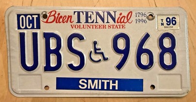TENNESSEE DISABLED PERSON HANDICAPPED LICENSE PLATE " UBS 968 " TN ...