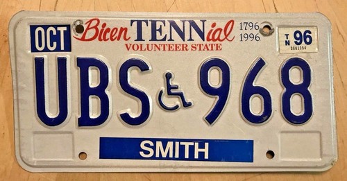 TENNESSEE DISABLED PERSON HANDICAPPED LICENSE PLATE " UBS 968 " TN ...