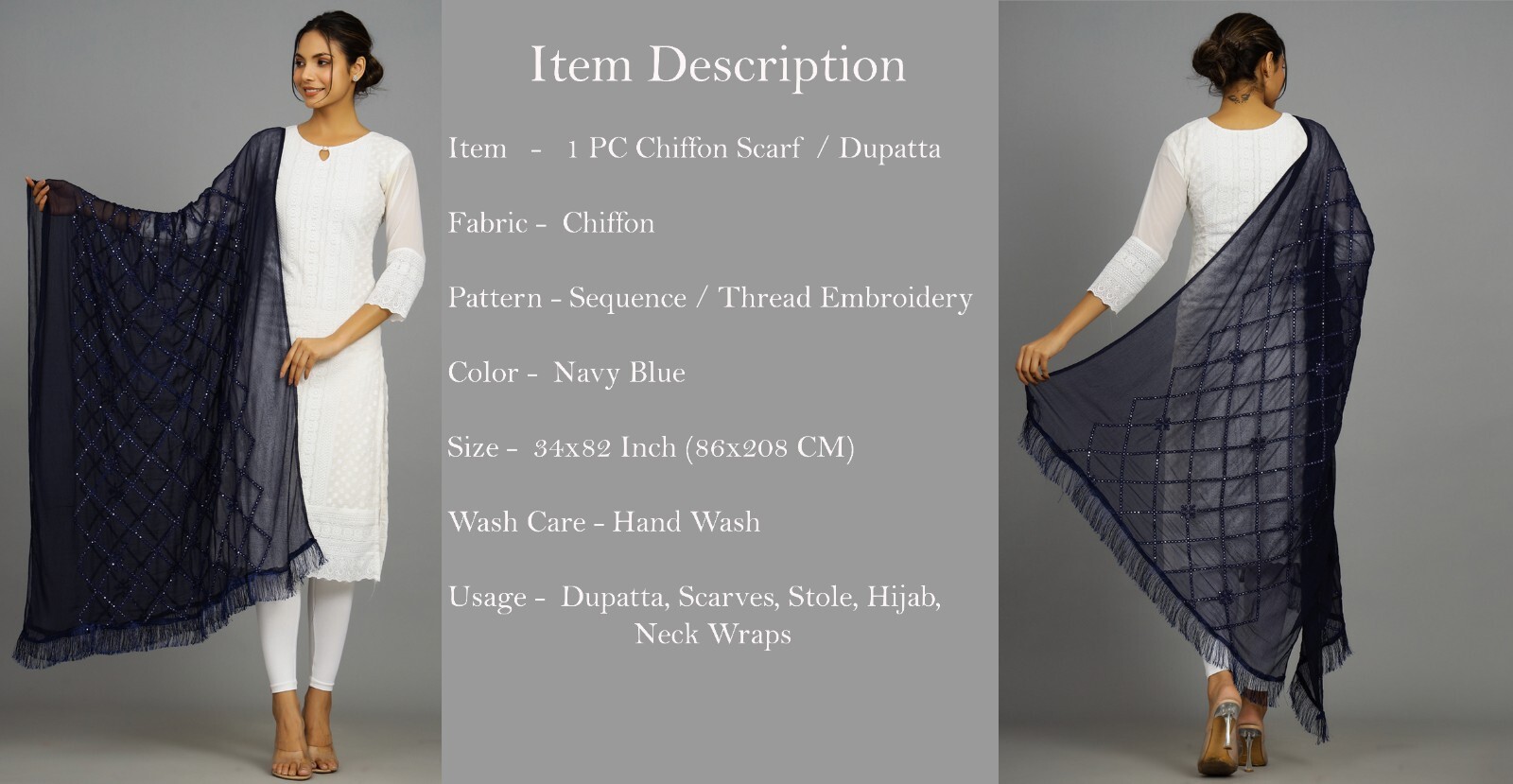 Dupatta Chiffon Stole Scarf Navy Blue Long Chunni Indian Lightweight ...