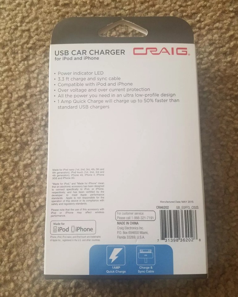 Craig USB Car Charger iPod iPhone 3.3' Charge And Sync Cable 1 Amp BNIB ...