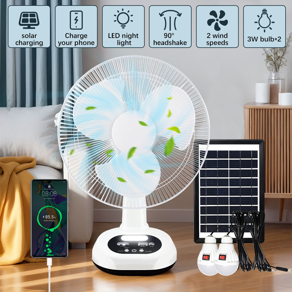 Solar Powered Table Fan w/ LED Bulb Rechargeable Cooling Air Fans Phone ...