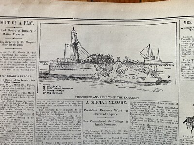 1898 newspaper PRES WILLIAM MCKINLEY SPEECH on SINKING of USS MAINE ...