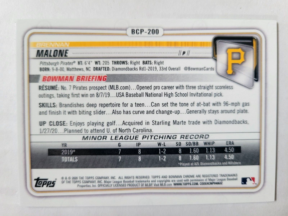 2020 Bowman Chrome Brennan Malone Blue Refractor 41/150 #BCP-200 | eBay