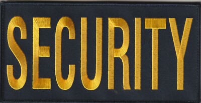 SECURITY back patch, gold on dark navy with full hook backing 8" x 4 ...