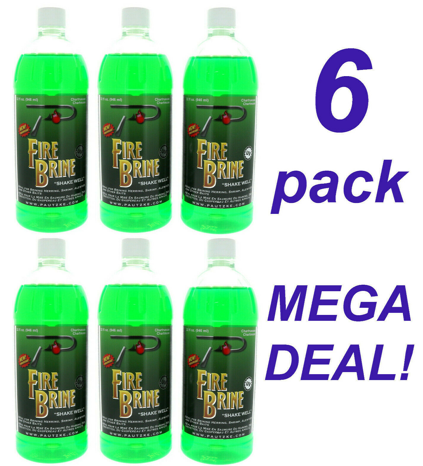 (6) Pautzke Bait FIRE BRINE Chartreuse 192oz (6x 32 oz bottles ...