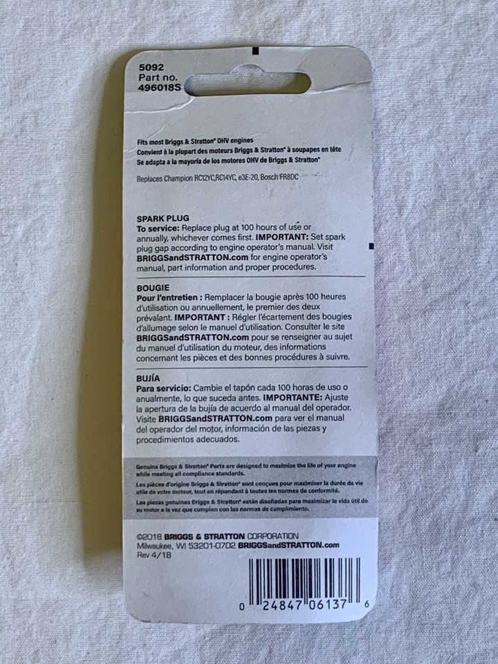 Briggs & Stratton 5092K Spark Plug 496018S Genuine OEM NEW Part | eBay