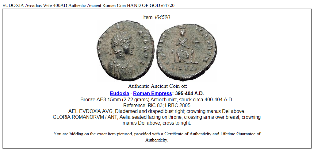 EUDOXIA Arcadius Wife 400AD Authentic Ancient Roman Coin HAND OF GOD ...