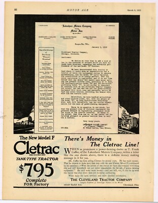1922 Cletrac Model F Ad: Lakeshore Motors Cletrac Dealer Letterhead ...