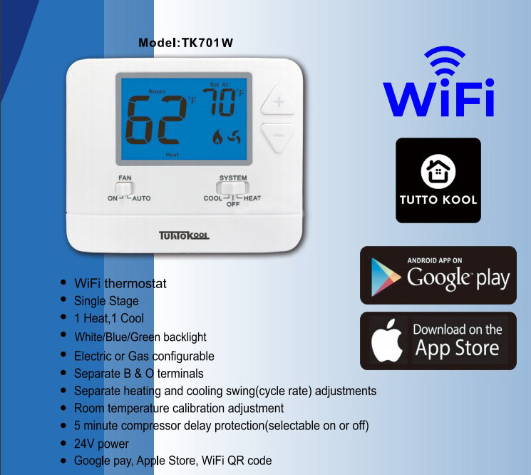 Tuttokool Wi-Fi Digital Thermostat Heat&Cool Terminal Blocks TK-701W TK ...