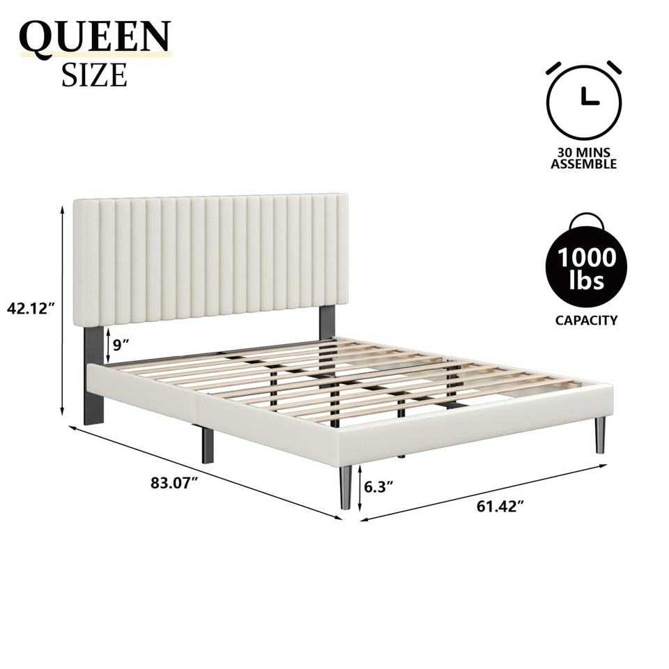 Queen Size Bed Frame with Velvet Upholstered Headboard, Platform Bed ...