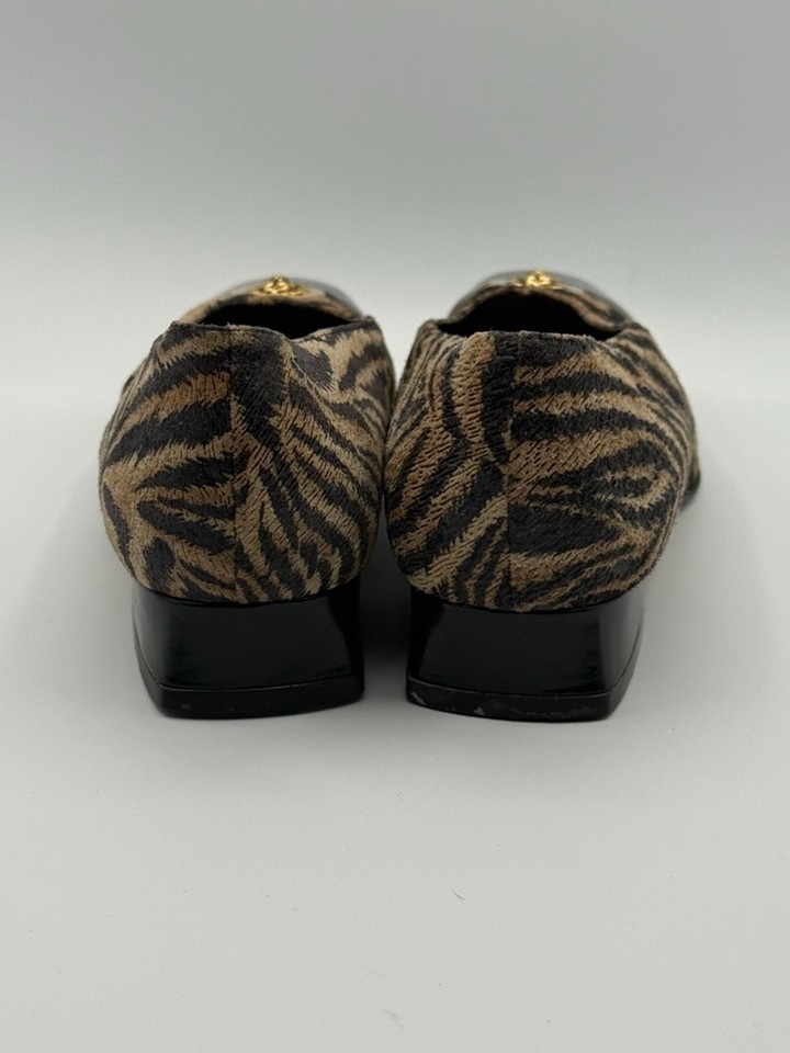 J. Renee 6.5M Zebra Print Flats – Gold Lion Medallion, Black Patent ...