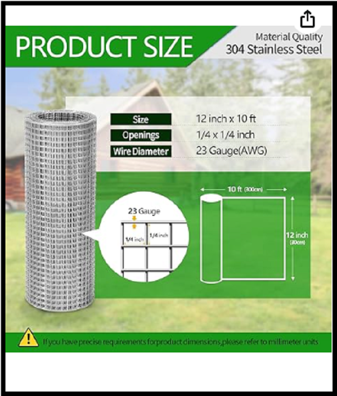 304 Stainless Steel Mesh Hardware Cloth 1/4 Inch Chicken Wire Fencing ...
