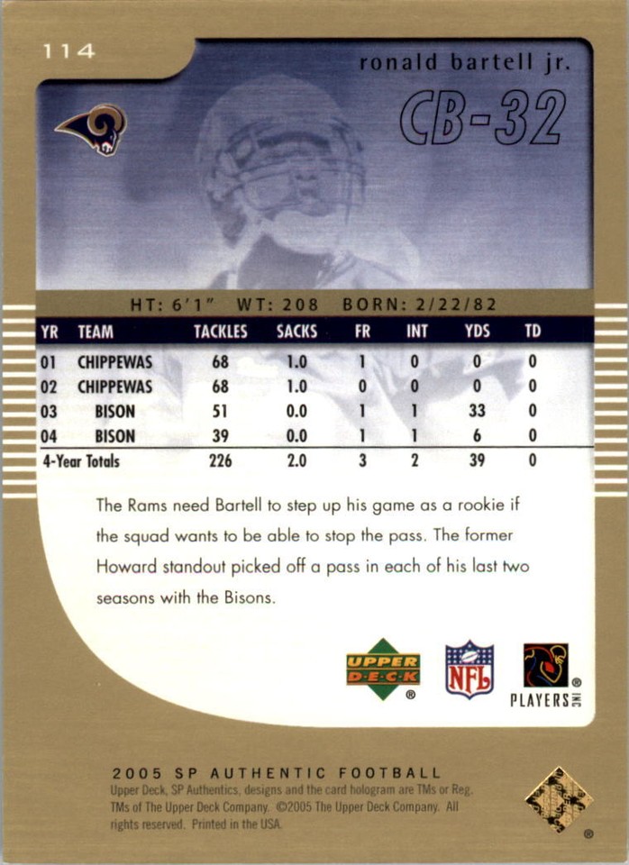 2005 SP Authentic Gold #114 Ronald Bartell Jr. Rookie Parallel #d 09/25 ...