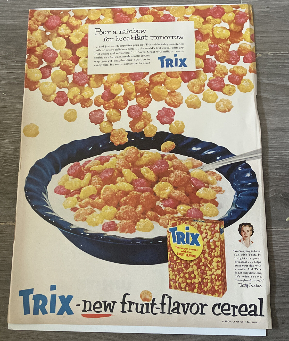 1956 Trix NewCereal Vintage Print Ad Betty Crocker Pour a Rainbow For ...
