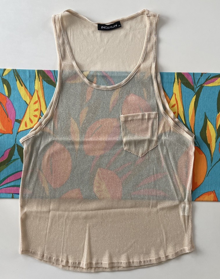 INCERUN Men's Gold Size XL Scoop Neck Sheer Mesh Metallic Pocket Tank ...