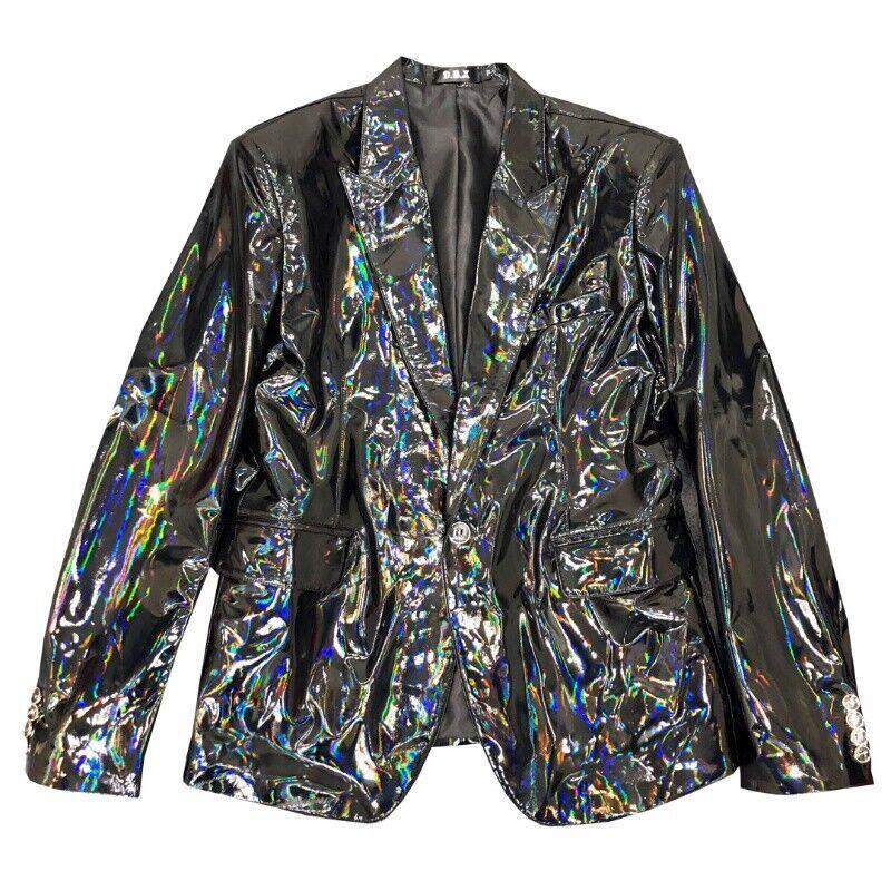 Men's Laser Holographic Shiny Faux Leather Blazer Jacket Coat Party ...