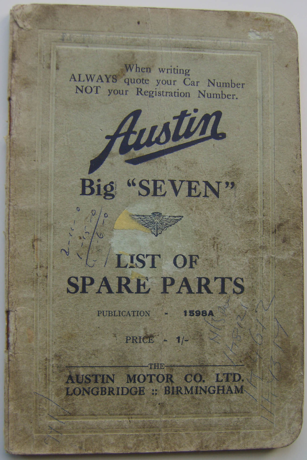 Austin Big Seven 7 original illustrated Spare Parts List 1938 Pub. No ...