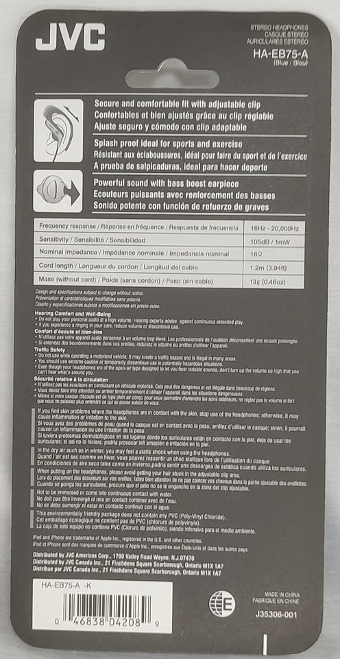 HAEB75A JVC Sport Style Ear Clip Headphones Earphones Blue for CD Radio ...