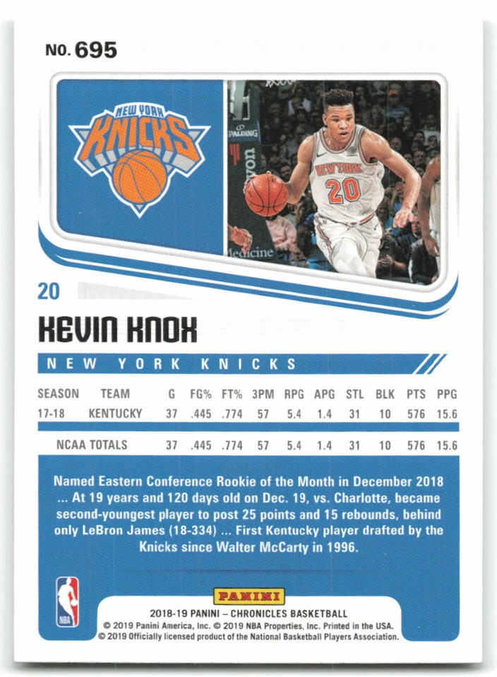 2018 Panini Chronicles #695 Kevin Knox RC New York Knicks 1AT | eBay
