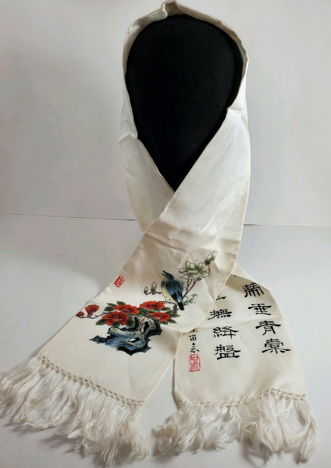 Lovely Handpainted Chinese Silk Scarf, Bird w/ Red Fl… - Gem