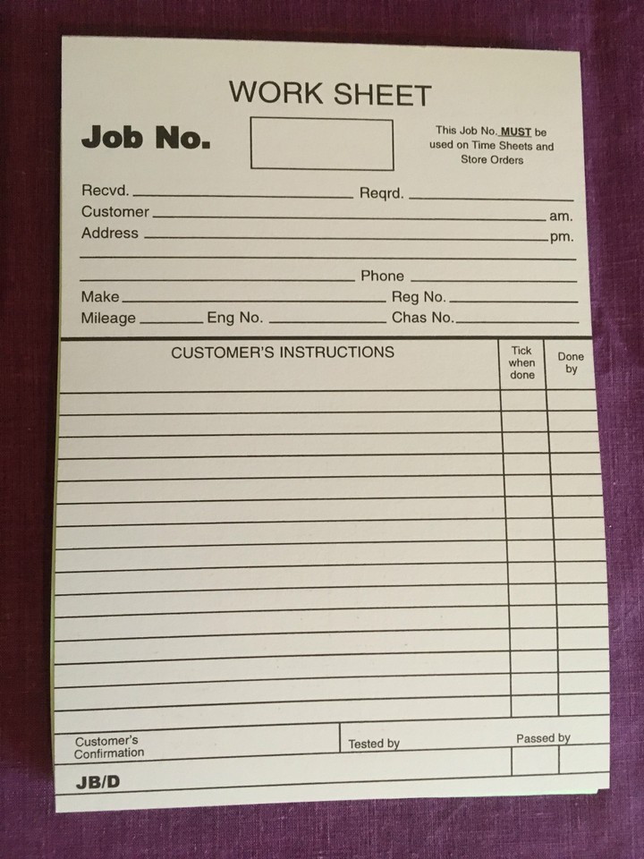 2 X JOB CARDS WORKSHOP JOB CARD WORK SHEET REPAIR JOB SHEET WORK CARD ...