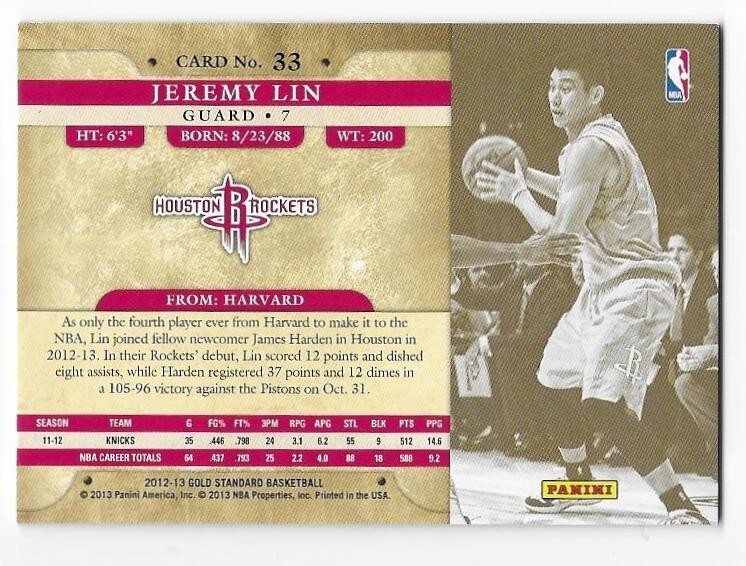Jeremy Lin 2012-13 Panini Gold Standard #33 Rockets LINSANITY Serial #d ...