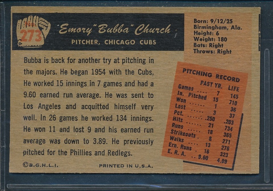 1955 Bowman Set-Break #273: EMORY "BUBBA" CHURCH High #, Chicago Cubs ...