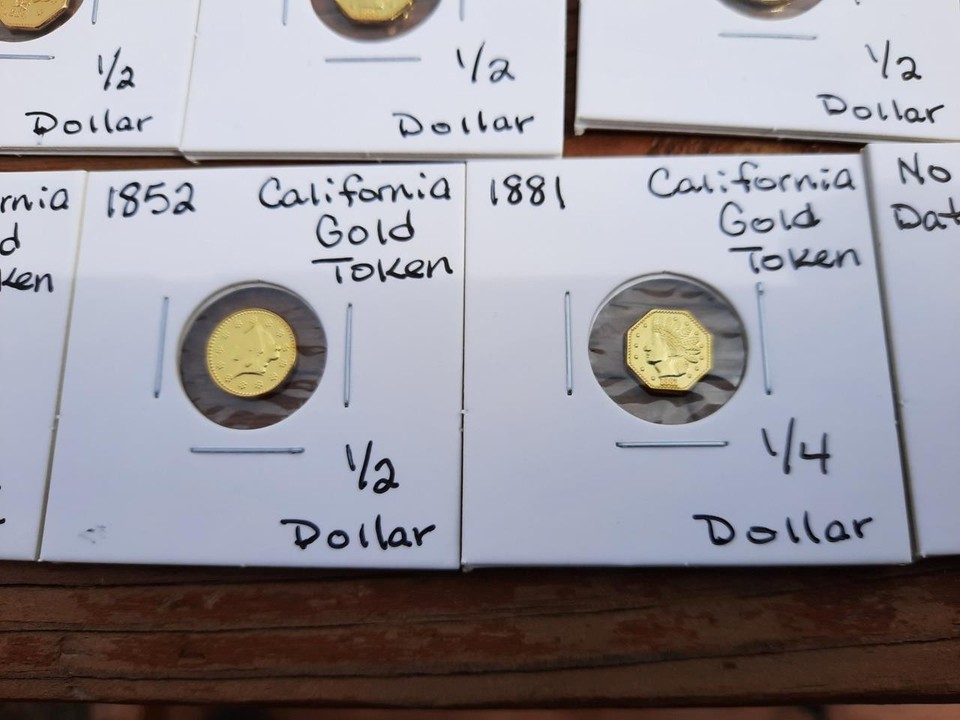 LOT OF 9 CALIFORNIA GOLD TOKENS FRACTIONALS 1852, 1854, 1881, 1872 ...