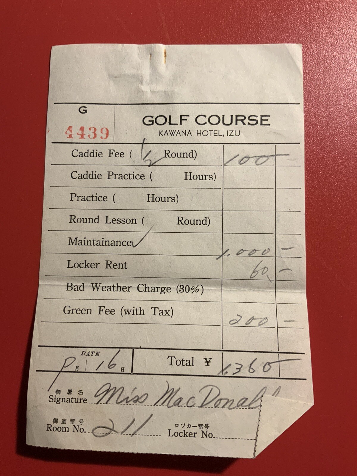 Golf Course Kawana Hotel Izu Japan 1950s Vintage Bill Invoice Receipt ...