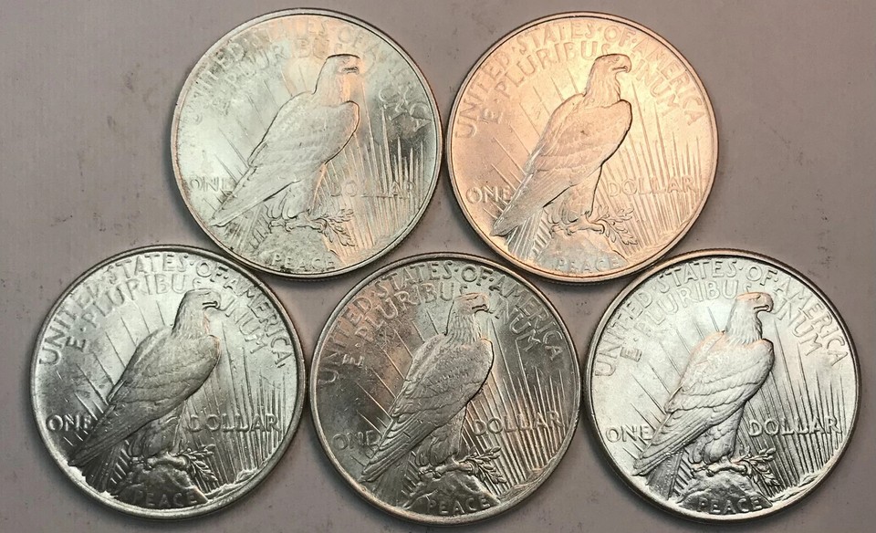 1921-1935 90% Silver Peace Dollars Lot of 5 Uncirculated Mixed Dates ...