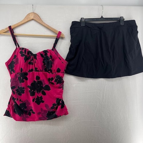 Lands End Womens Size 16 Tankini Set Pink Floral Top/Black Swim Skirt ...