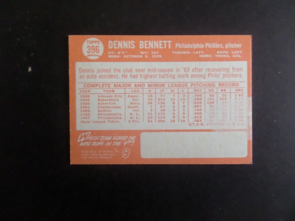 1964 TOPPS DENNIS BENNETT PHILLIES BASEBALL CARD #396 HI EX #64H | eBay