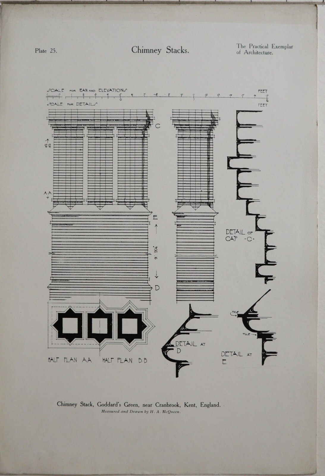 1907 ARCHITECTURE PRINT GODDARD'S GREEN CHIMNEY STACK CRANBROOK KENT ...
