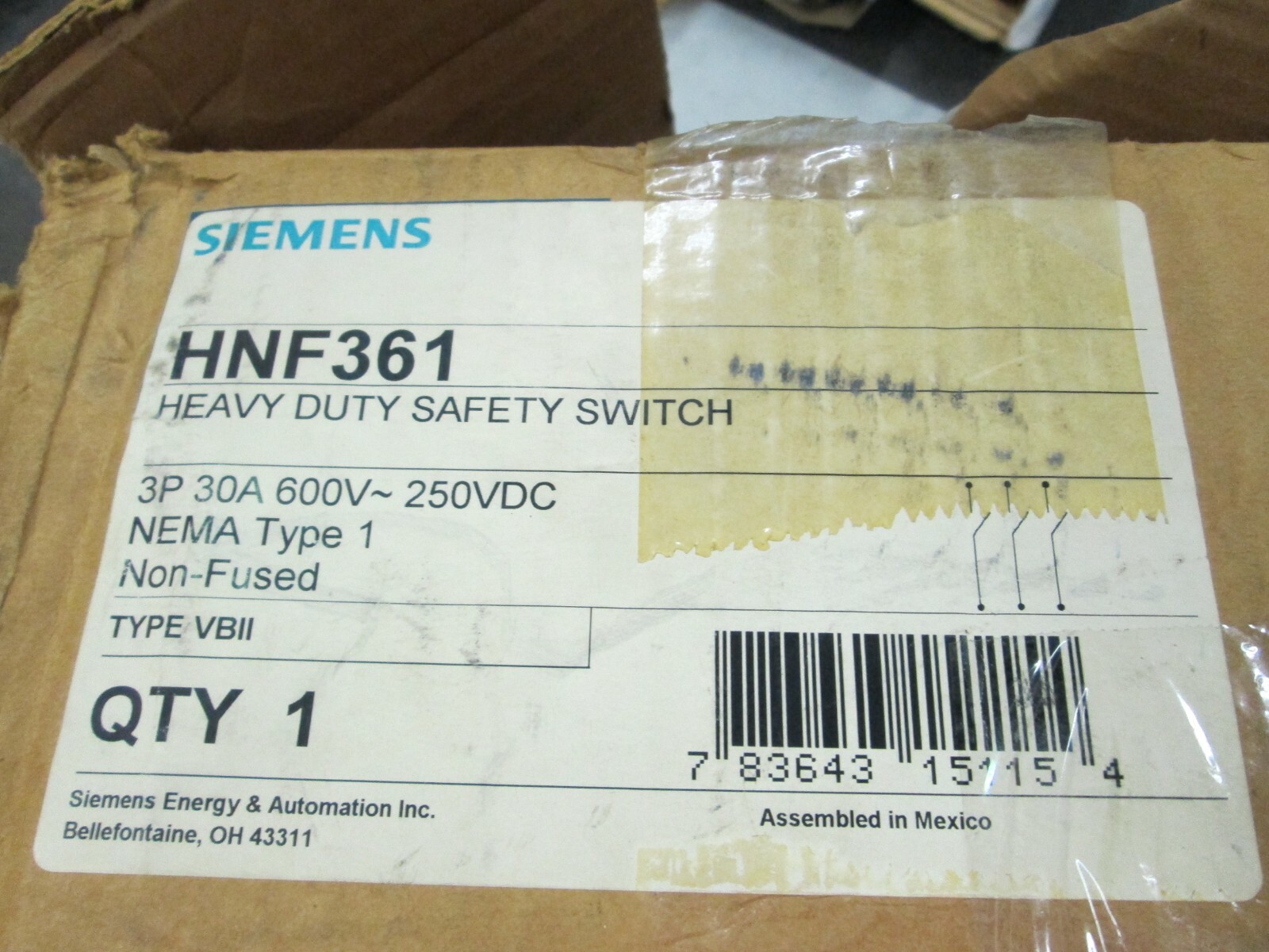Siemens Heavy Duty Safety Switch Type VB11 HNF361 3P 30A 600V-250 VDC ...