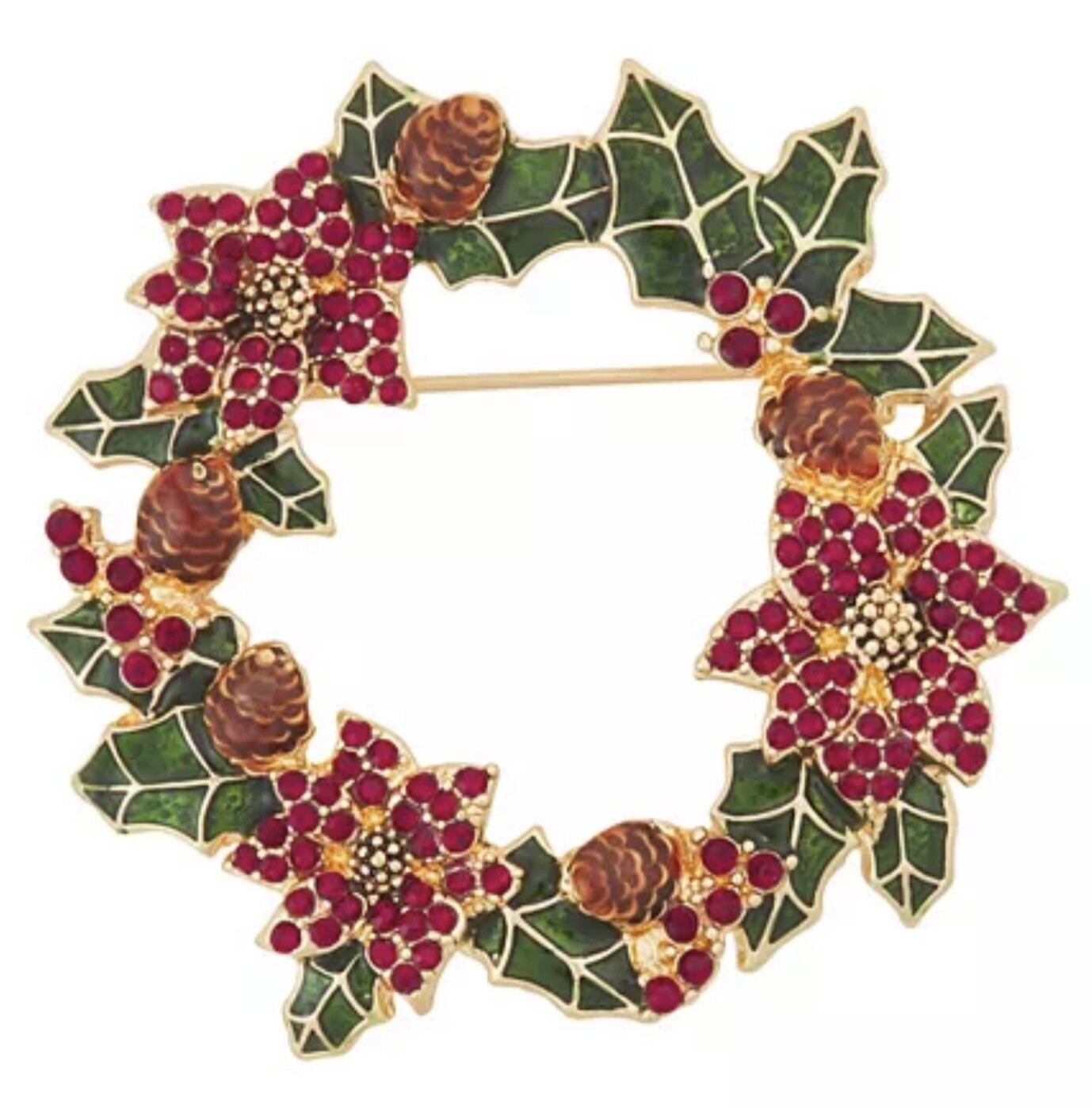 Napier Christmas Holiday Wreath Pin Gold tone w / Red Crystals - New | eBay