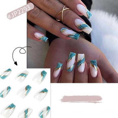 Tips DIY Gold Line Press on Nails Long French Ballerina Fake Nails ...