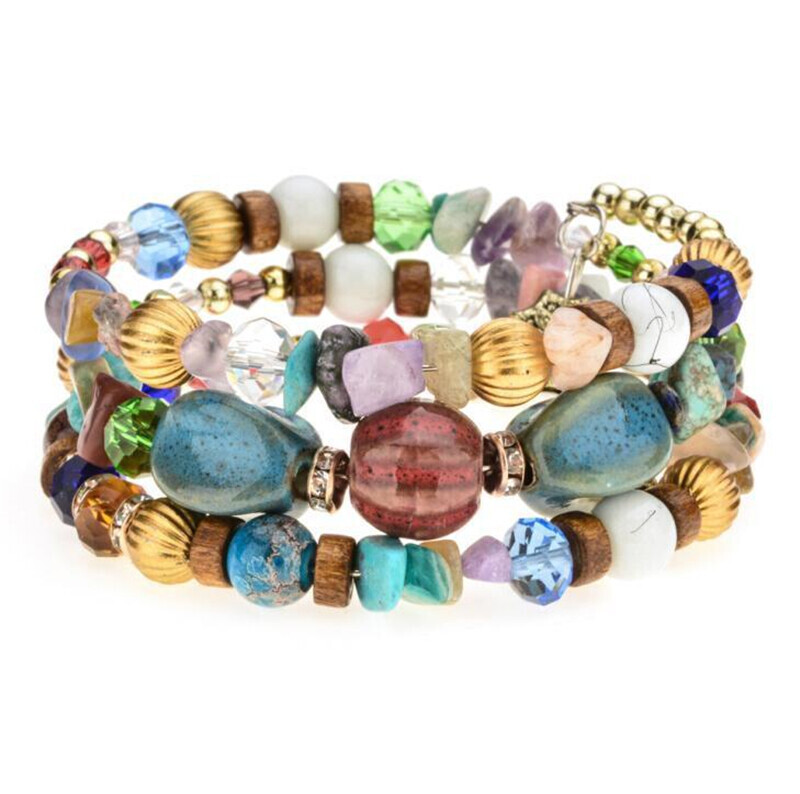 Women Boho Multi-layer Crystal Beaded Beads Bohemia Cuff Bracelets Set ...